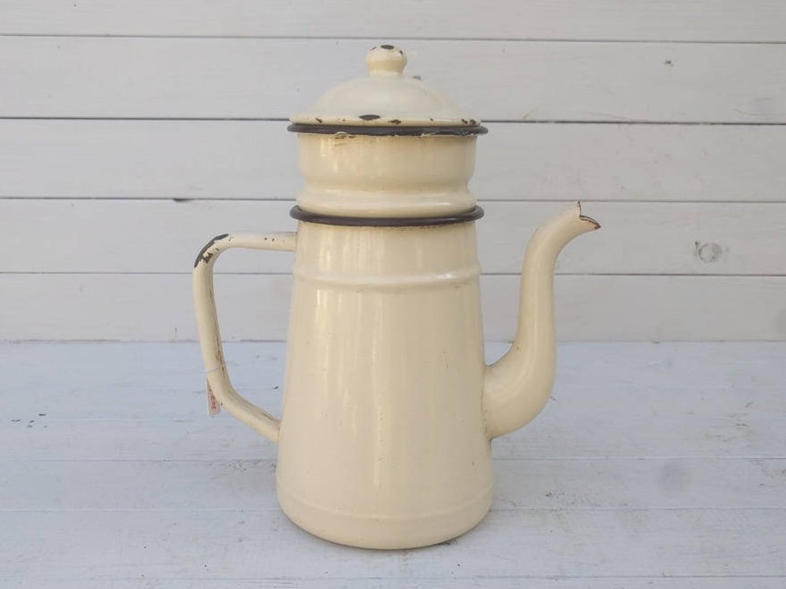 Cream & Black French Enamelware Biggin Coffee Pot, Enamel Kitchen ...