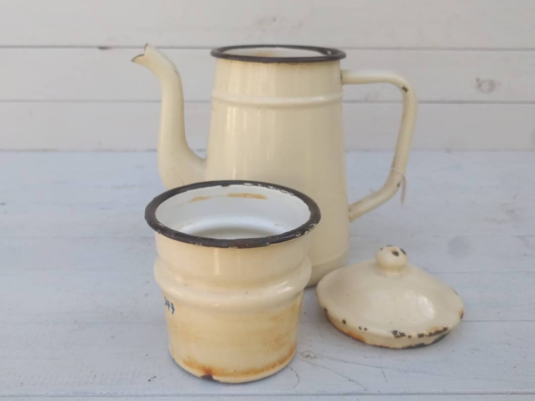 Cream & Black French Enamelware Biggin Coffee Pot, Enamel Kitchen ...