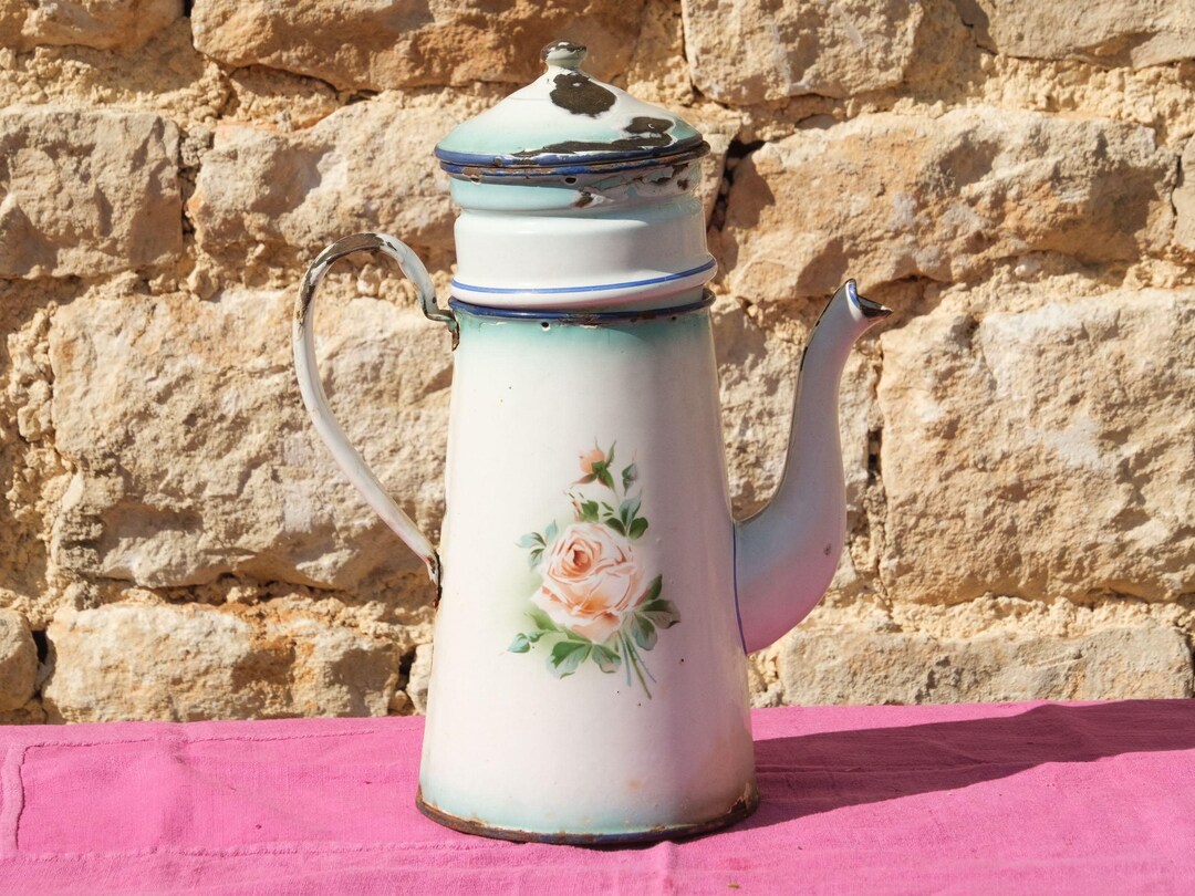 Vintage French Enamel Floral Biggin Coffee Pot, Enamelware Cafetiere ...