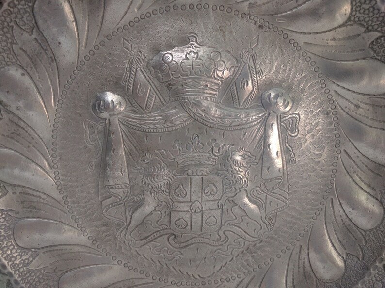 Antique French Embossed Pewter Plate, Hand-tooled, Heraldic Crest ...