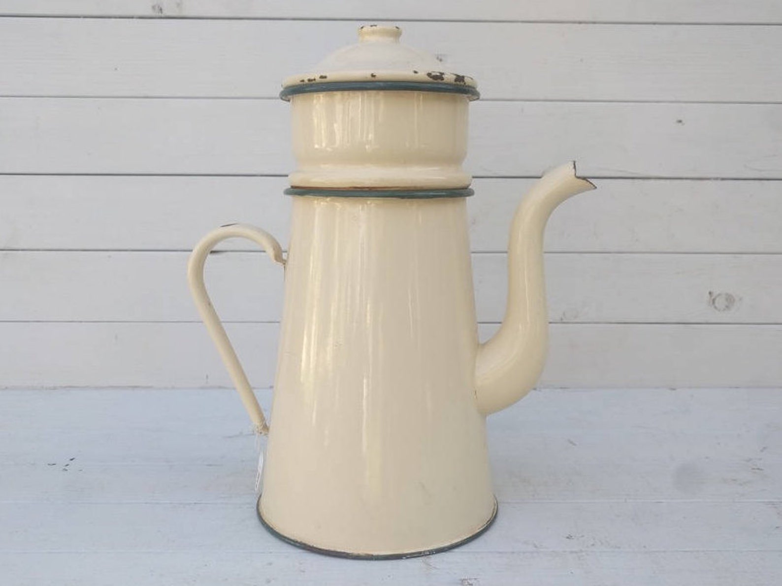 Cream & Green French Enamelware Coffee Pot Biggin Enamel - Etsy