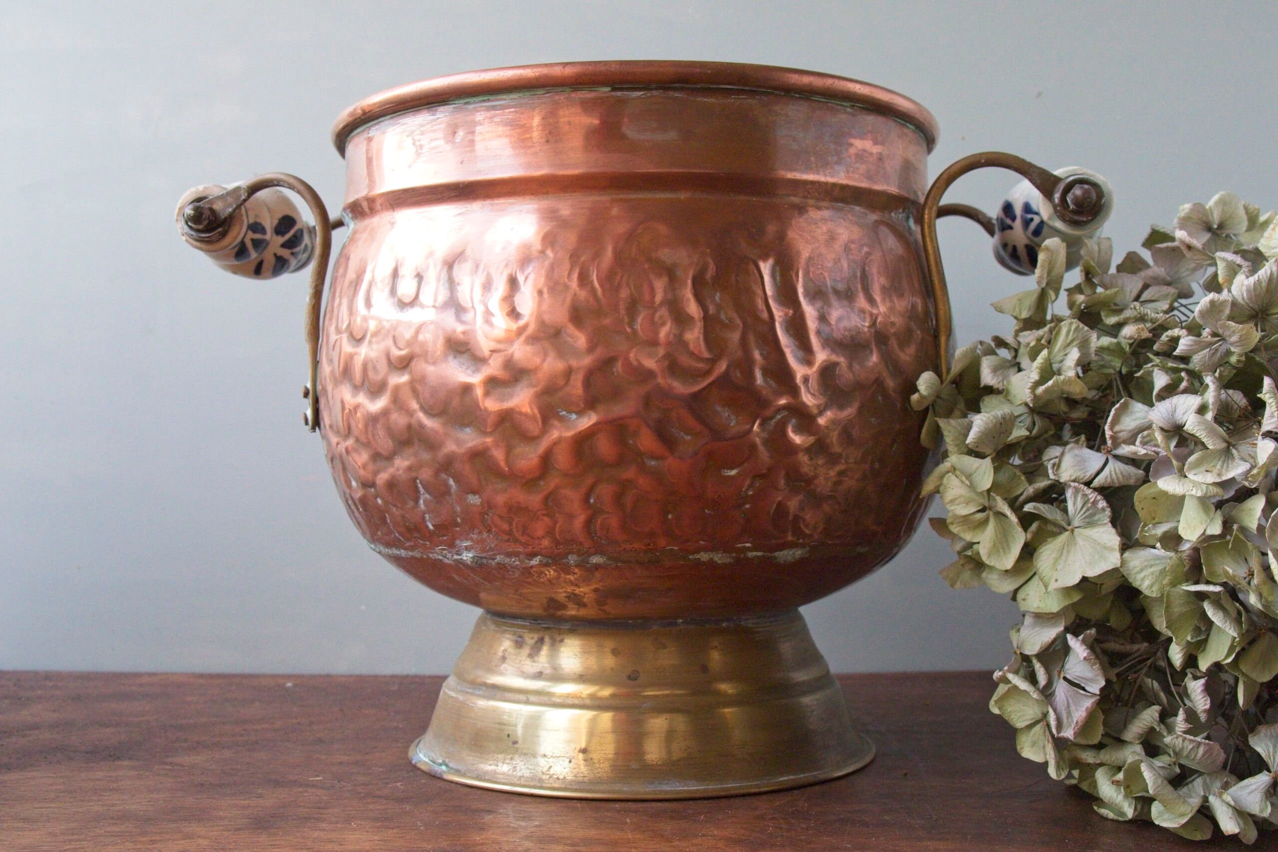 Round Copper Planter With Delft Handles 1930s French - Etsy