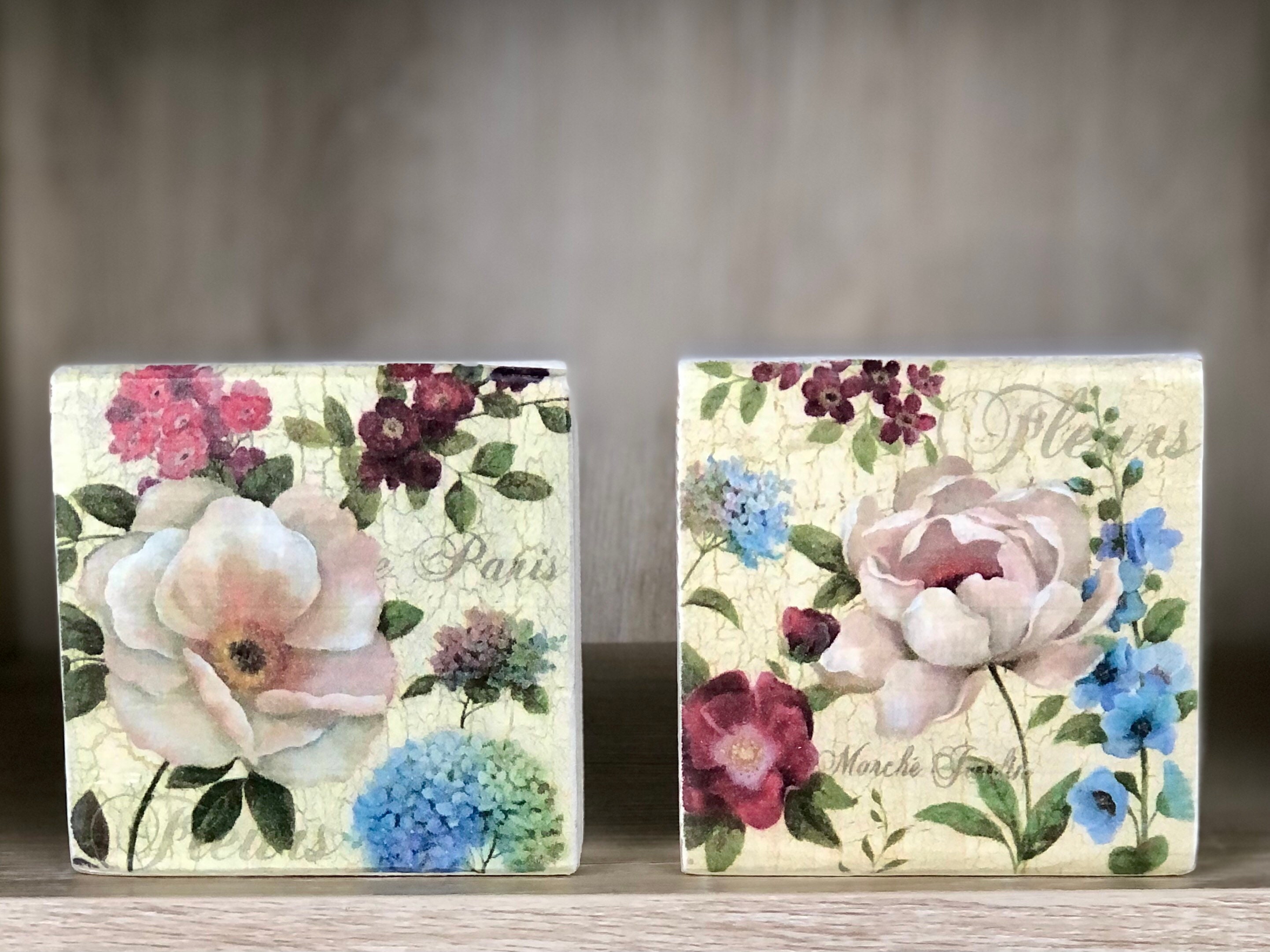Vintage French Flower Decor Blocks: Cottage Style Set of Two - Etsy