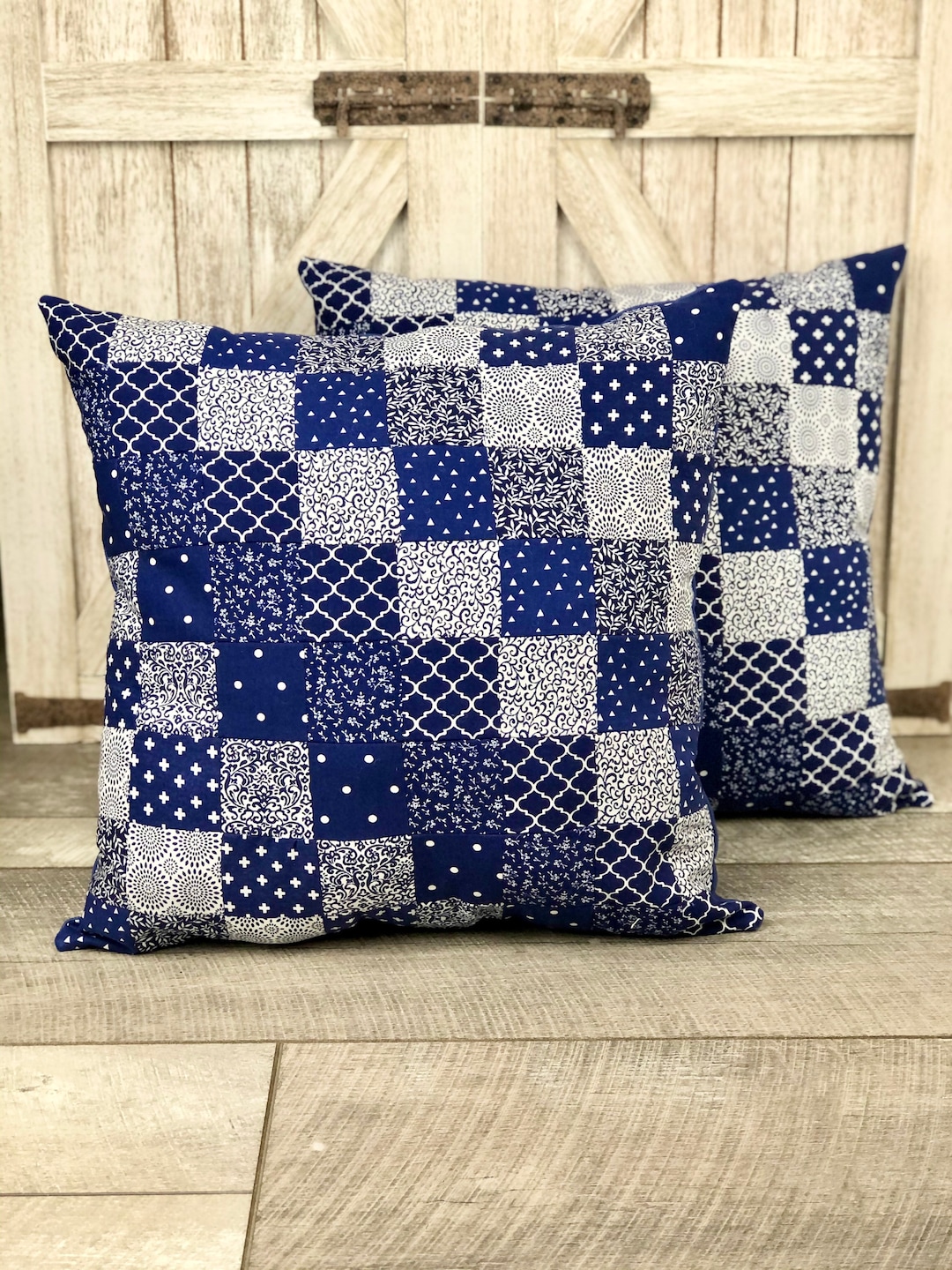 Blue Patchwork Pillow Set: Shabby Chic Country Decor (14x14) - Etsy