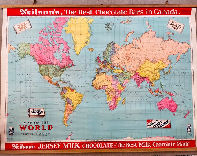 1950's NEILSON'S CHOCOLATE Pull Down School Map of the WORLD / 1950's ...
