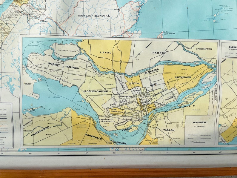 1971 Original Pull Down School Map of the Province of QUEBEC (french ...