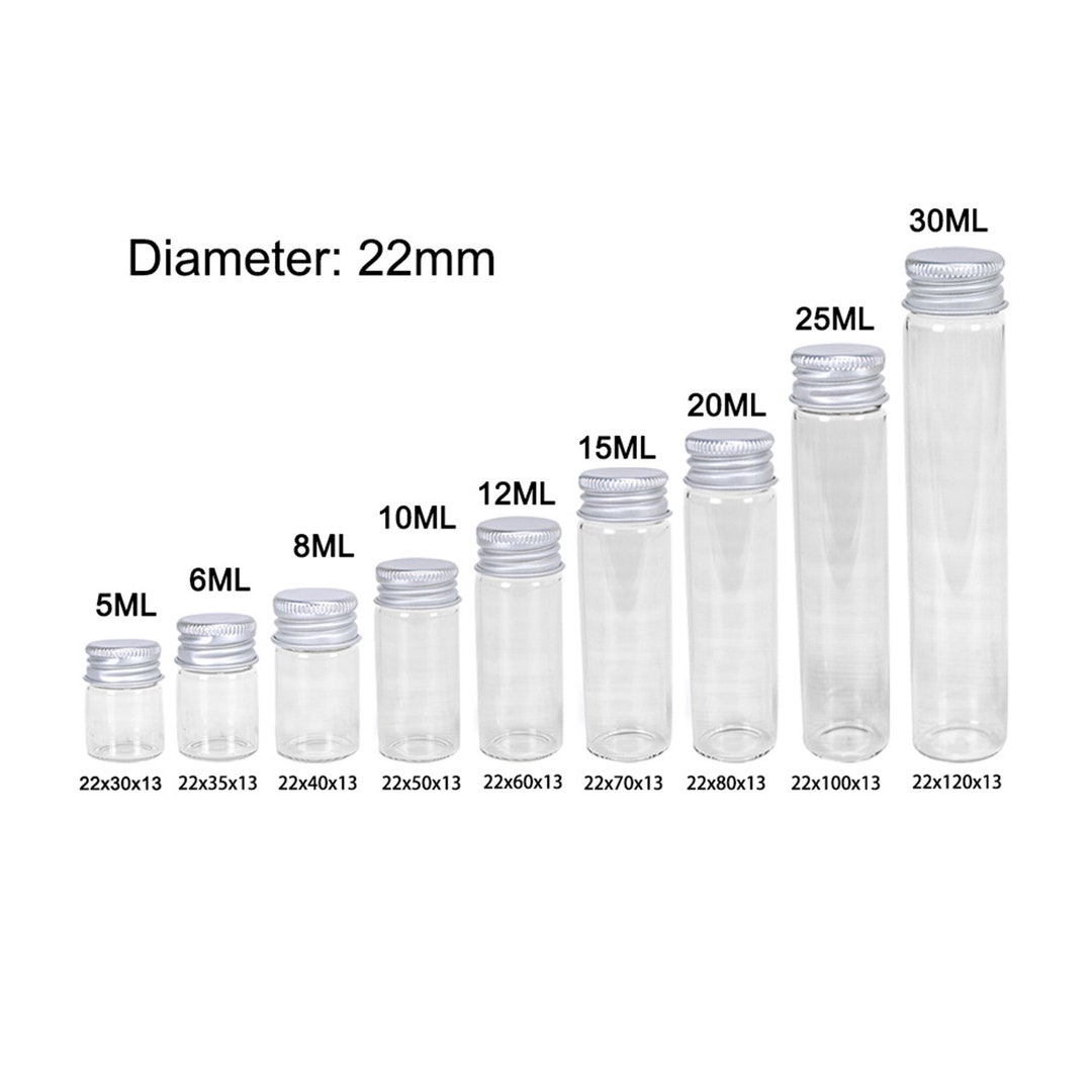 50 Pieces 5ml 6ml 8ml 10ml 12ml 15ml 20ml 25ml 30ml Glass Bottles With Aluminium Top Silver ...
