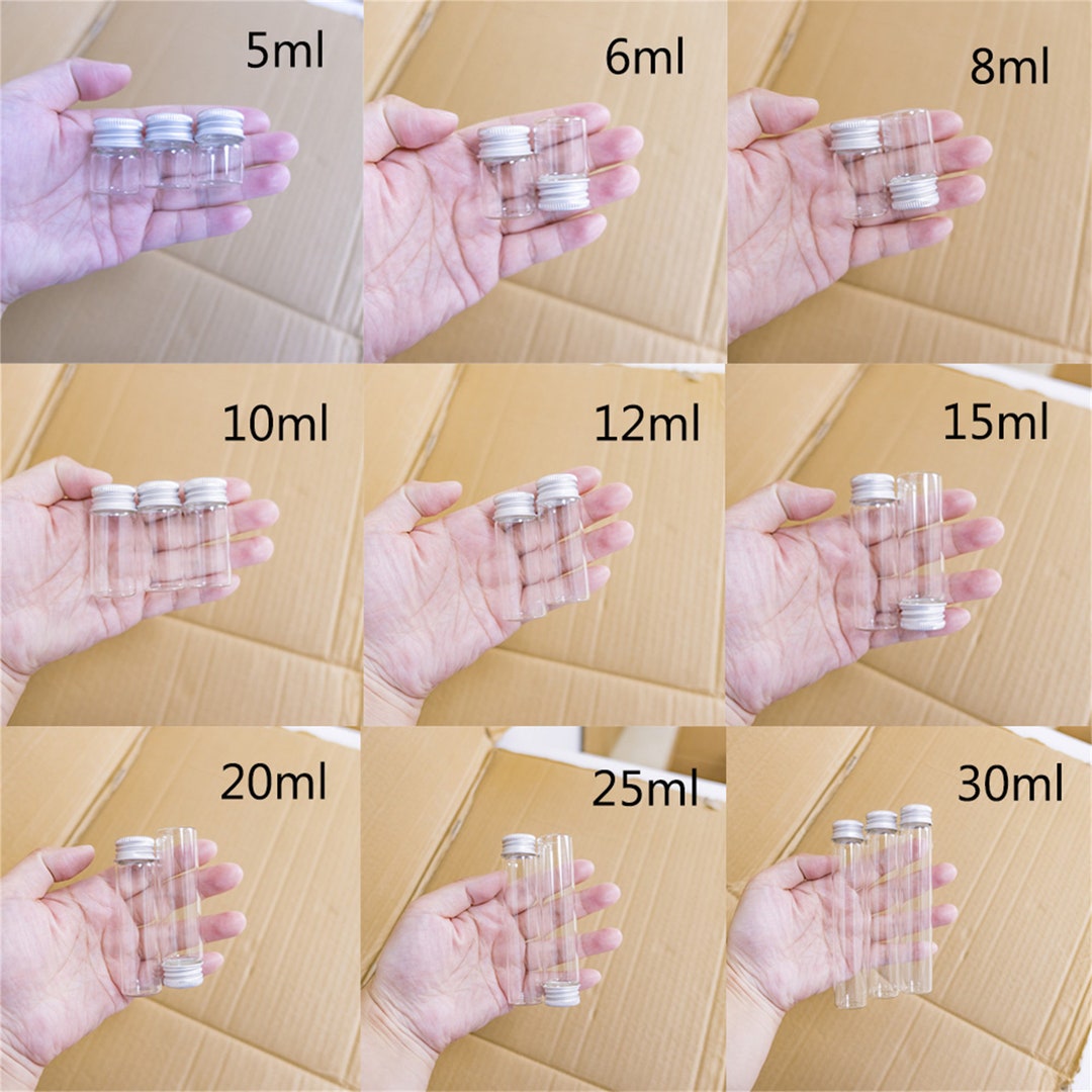 50 Pieces 5ml 6ml 8ml 10ml 12ml 15ml 20ml 25ml 30ml Glass Bottles With Aluminium Top Silver ...