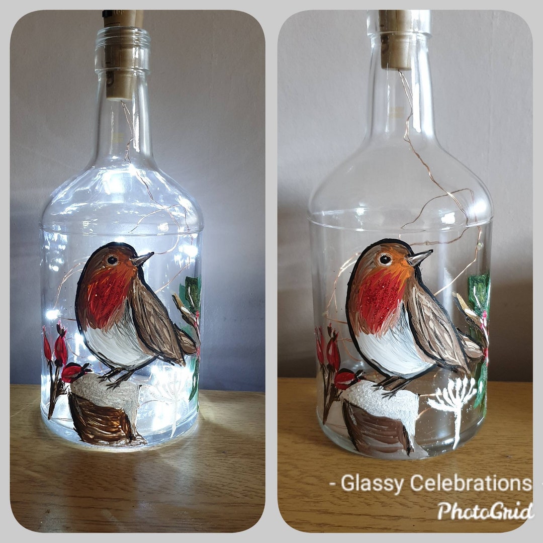 Hand Painted Christmas Robin Themed LED Light up Upcycled Glass Bottle ...