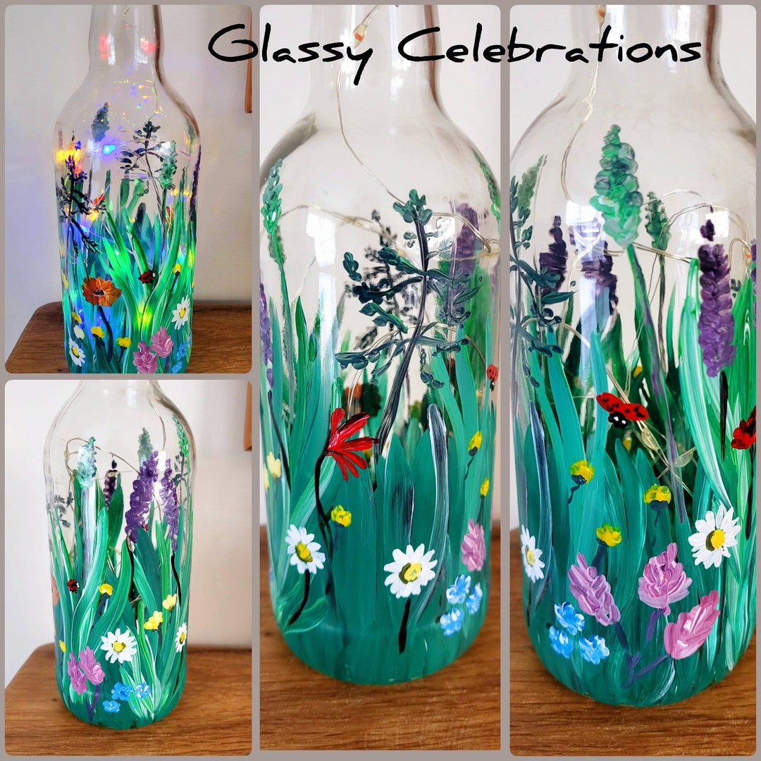 Hand Painted Floral Themed LED Light up Glass Bottle - Etsy