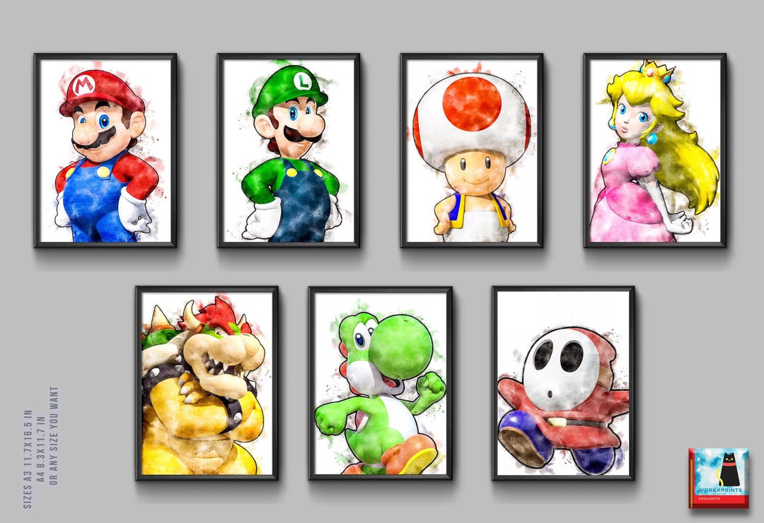 Set of 7 Super Mario PRINTABLE Watercolor Poster, Wall Art Poster ...