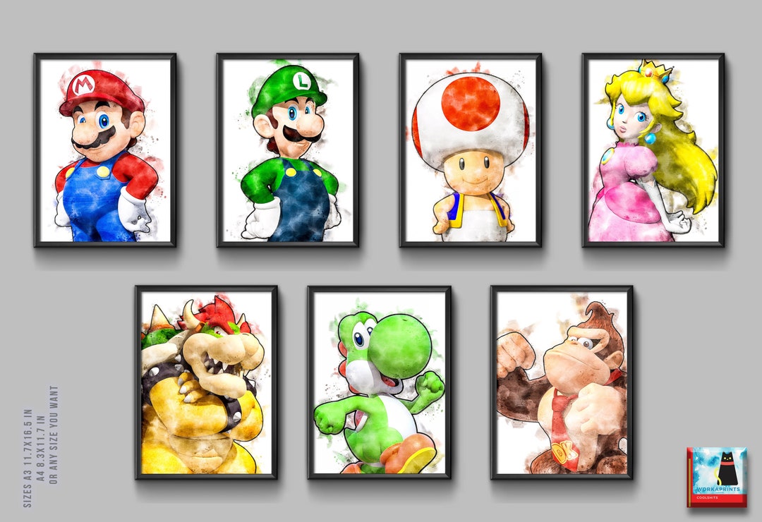 Set of 7 Super Mario PRINTABLE Watercolor Poster, Wall Art Poster ...