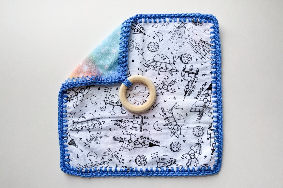Rainbow Space Rocket Crochet Border Baby Lovey, Security Blanket ...