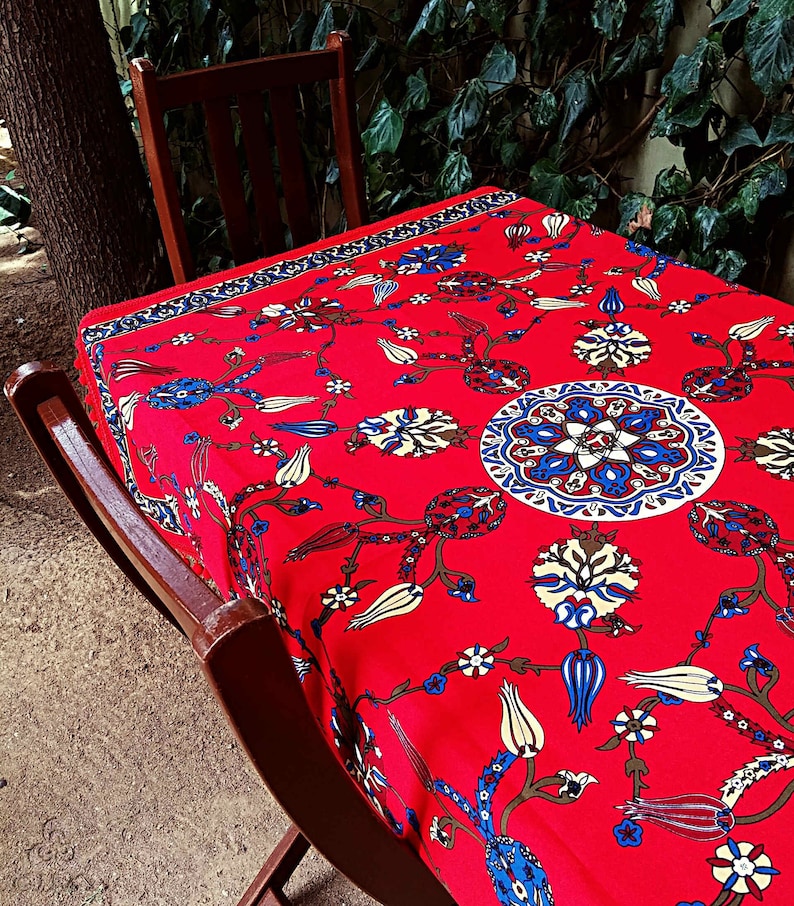 Table Linens Linens Handmade Iznik Tile Print Black Turkish Tablecloth ...