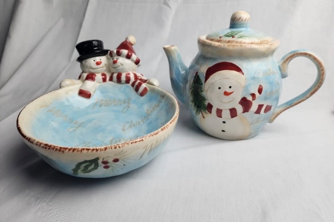 Maxcera Christmas Snowman Teapot and Candy Dish Set Merry - Etsy