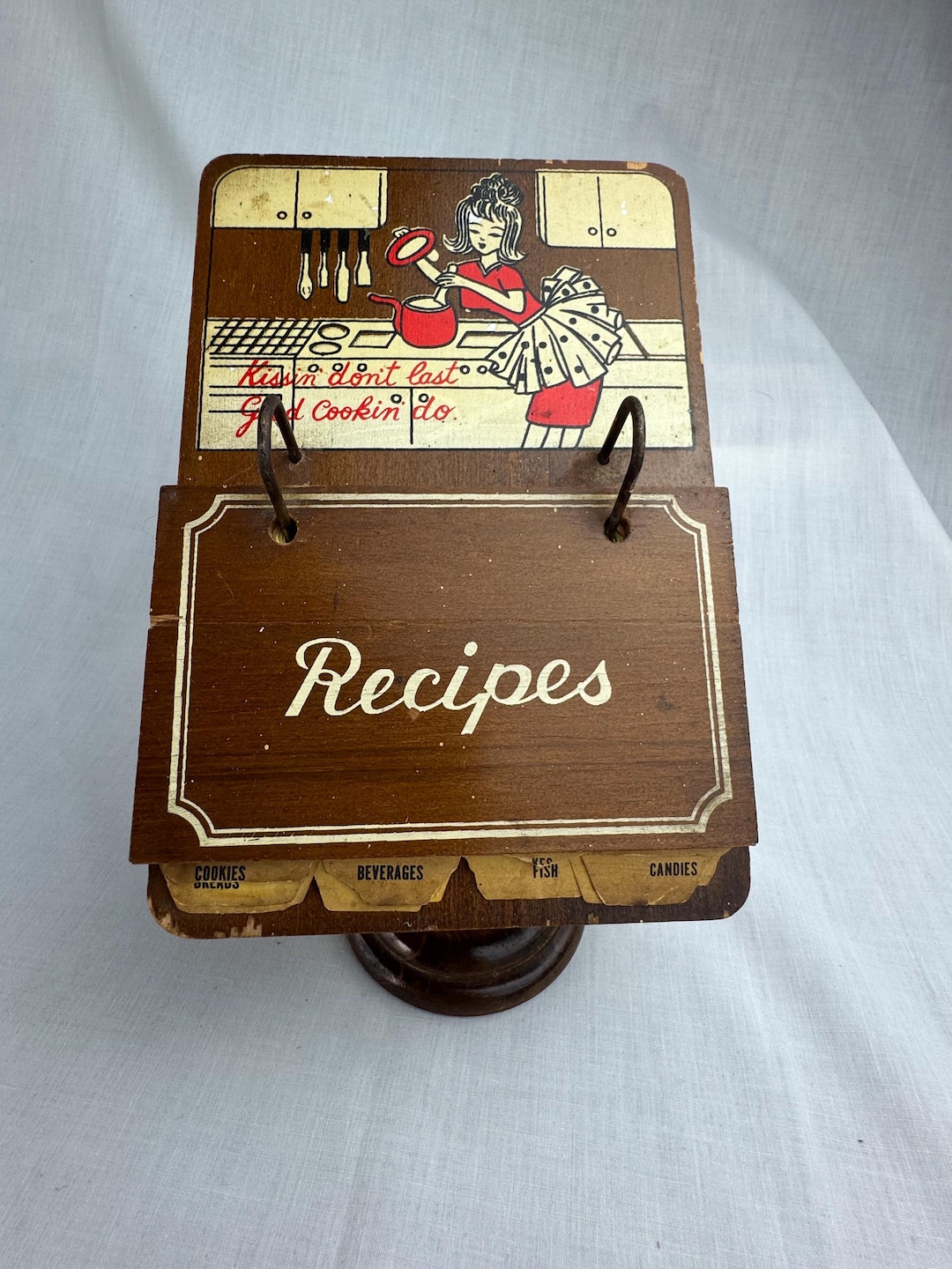 Vintage Wooden Recipe Card Holder Stand Pedestal Kitchen Farmhouse ...