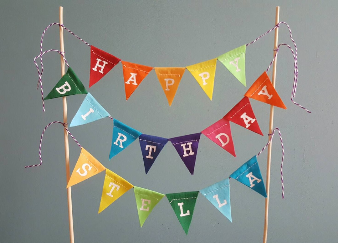 Personalised Rainbow Cake Bunting, Fabric Cake Topper, Rainbow Cake ...
