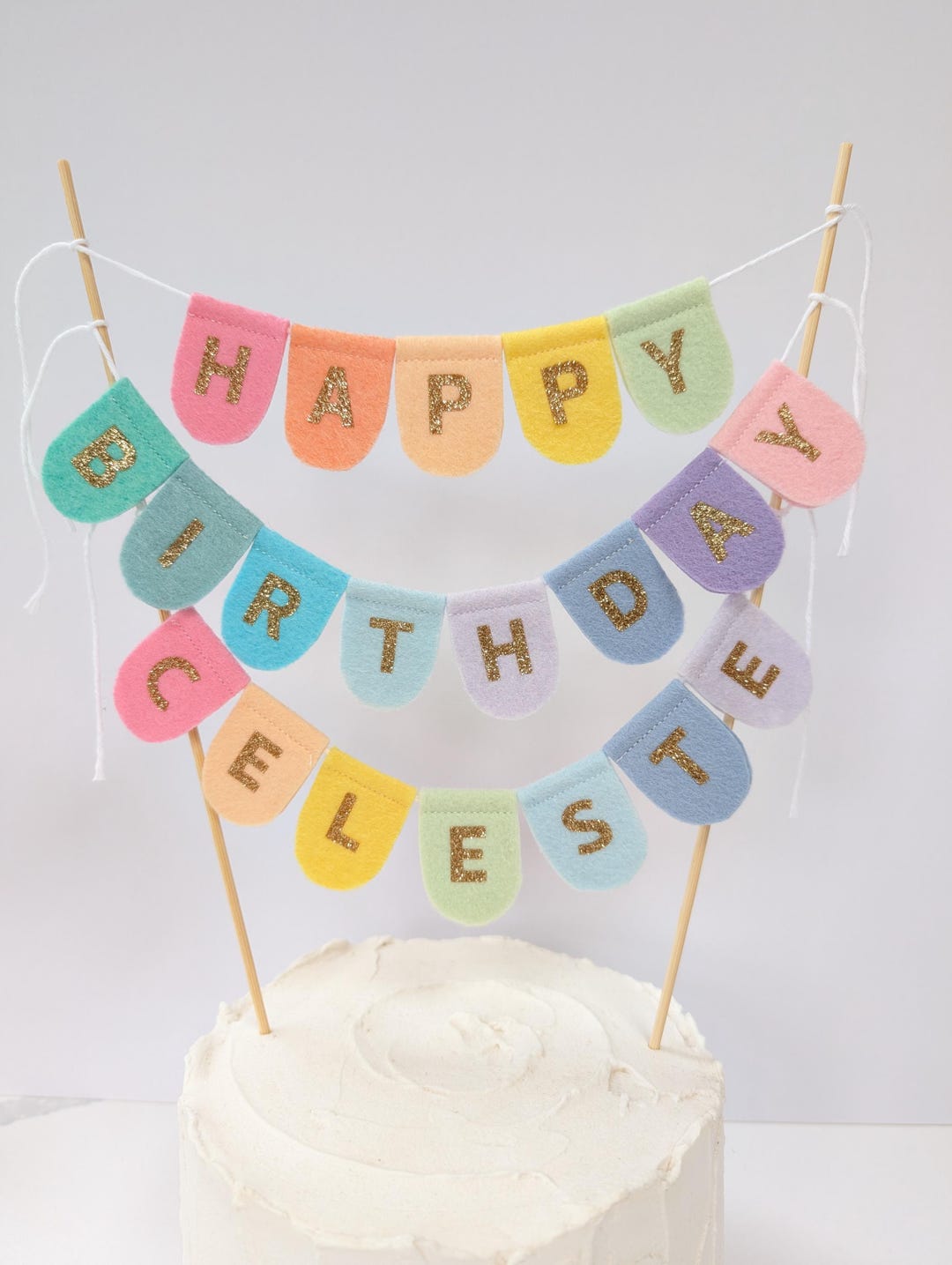 Pastel Rainbow Felt Cake Topper, Glitter Gold Letters, Happy Birthday ...