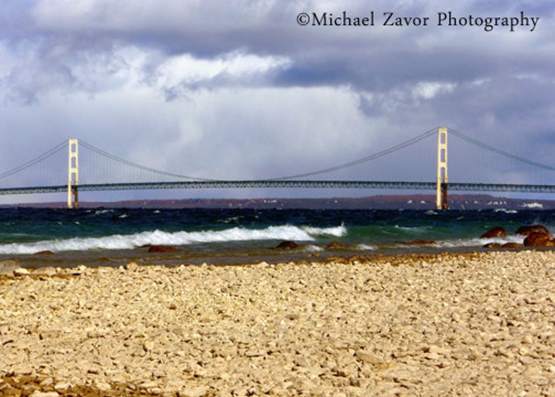 Mackinac Bridge Side View With Rocky Shoreline and Waves - Etsy