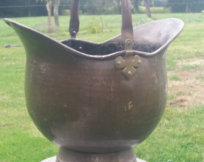 Large Antique Copper Coal Bucket Scuttle Log Basket Jardiniere Wood ...