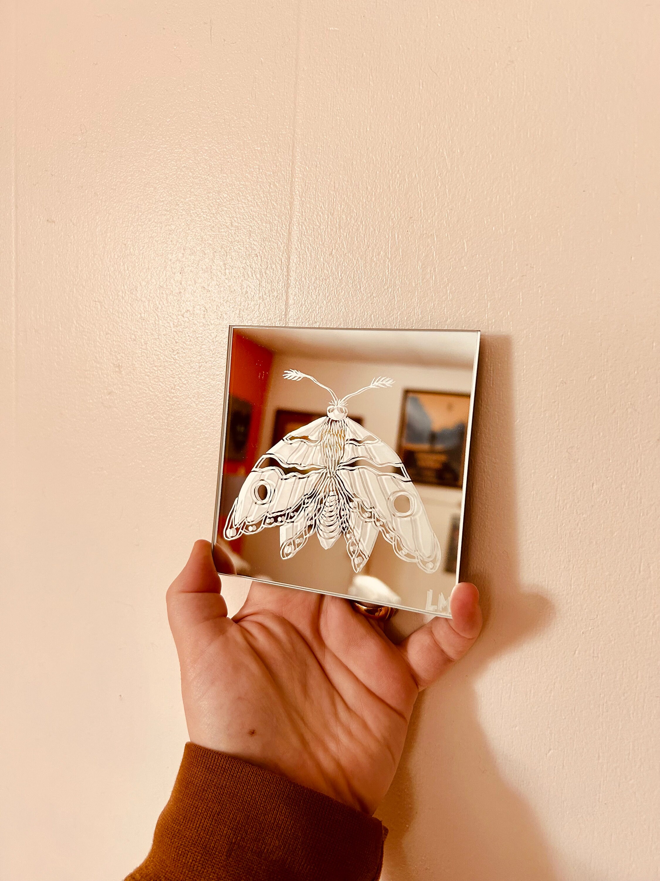Moth Mini Square Glass Mirror by Leah Mckinney Art, Small Engraved ...