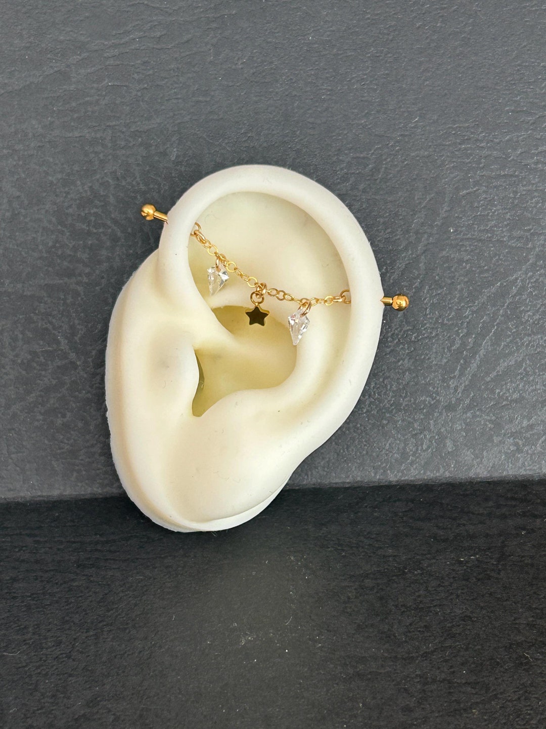 2 Pcs 14g - ASTM F136 Titanium Barbells With Chain CZ Charm -PVD Gold ...