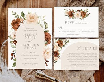 Floral Rust Wedding Invitation Template Burnt Orange Arch - Etsy