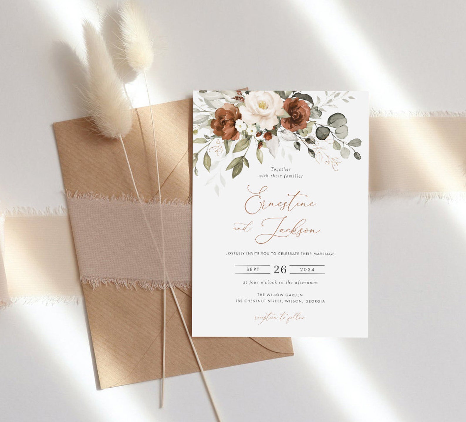 Greenery Rust Cream Wedding Invitation Floral Autumn - Etsy