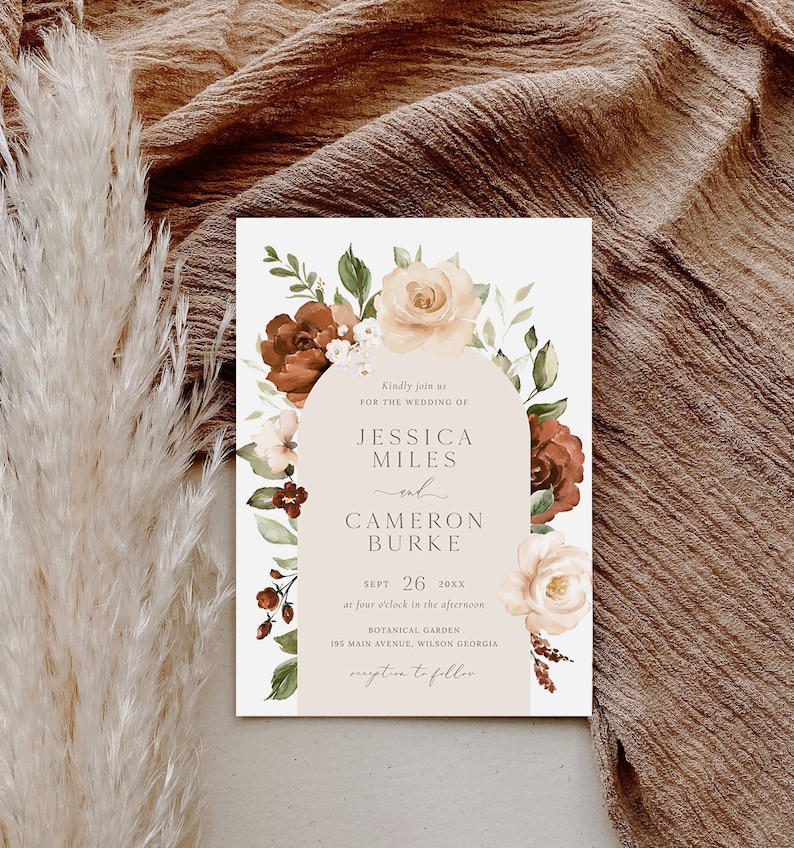 Floral Rust Wedding Invitation Template Burnt Orange Arch - Etsy