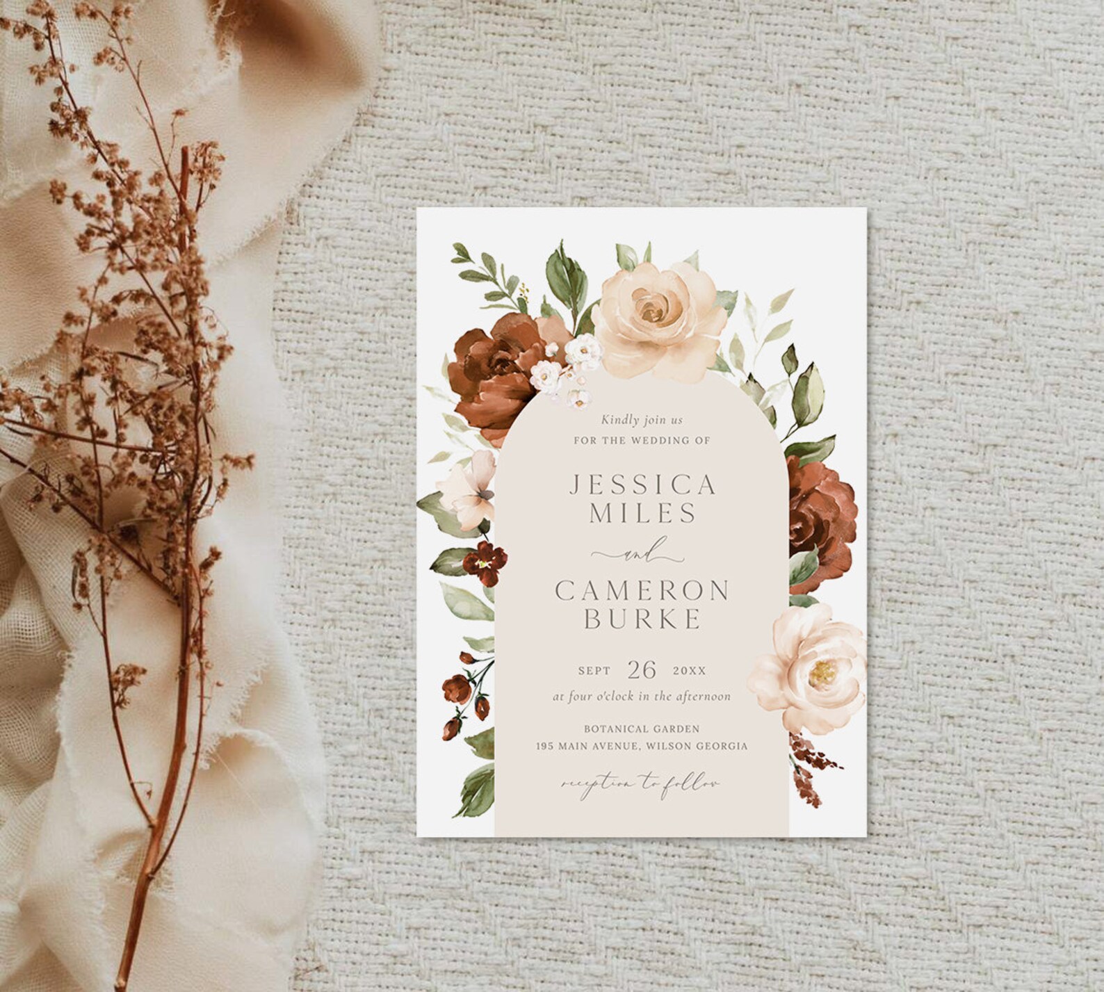 Floral Rust Wedding Invitation Template, Burnt Orange Arch Invitation ...