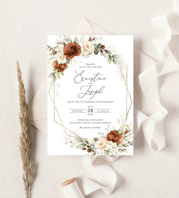 Floral Rust Greenery Wedding Invitation Burnt Orange - Etsy