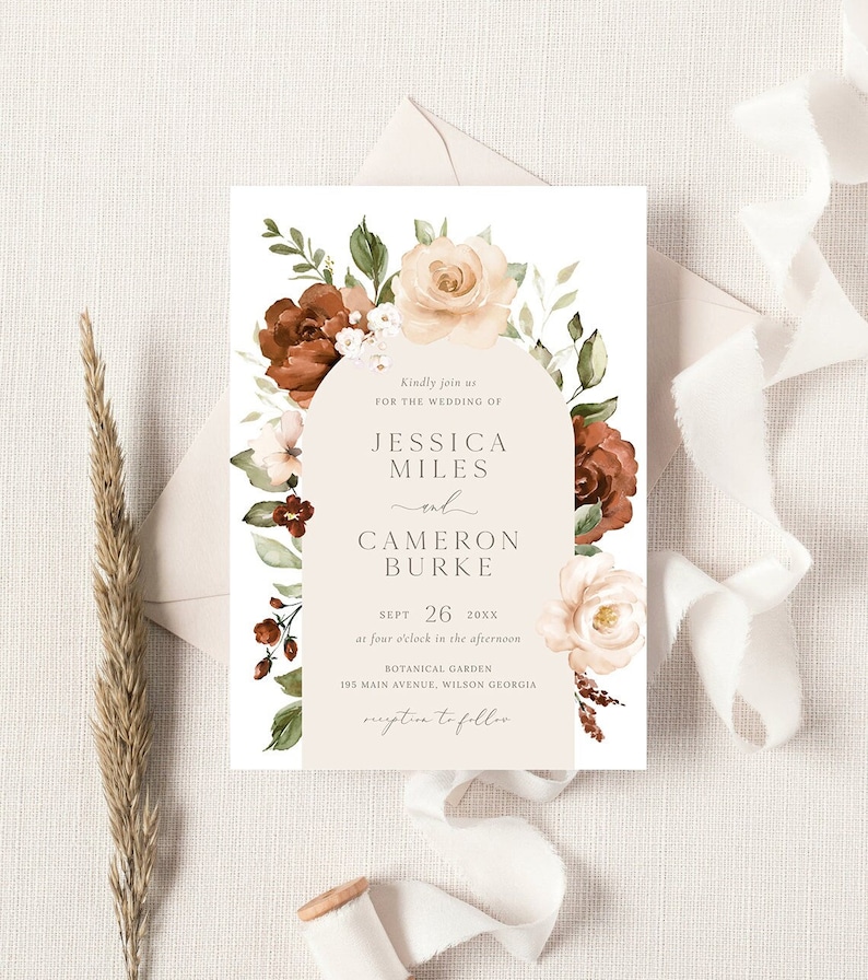 Floral Rust Wedding Invitation Template Burnt Orange Arch - Etsy