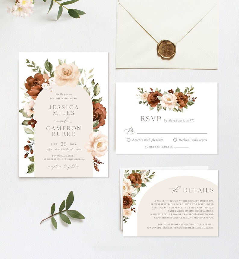 Floral Rust Wedding Invitation Template Burnt Orange Arch | Etsy Canada