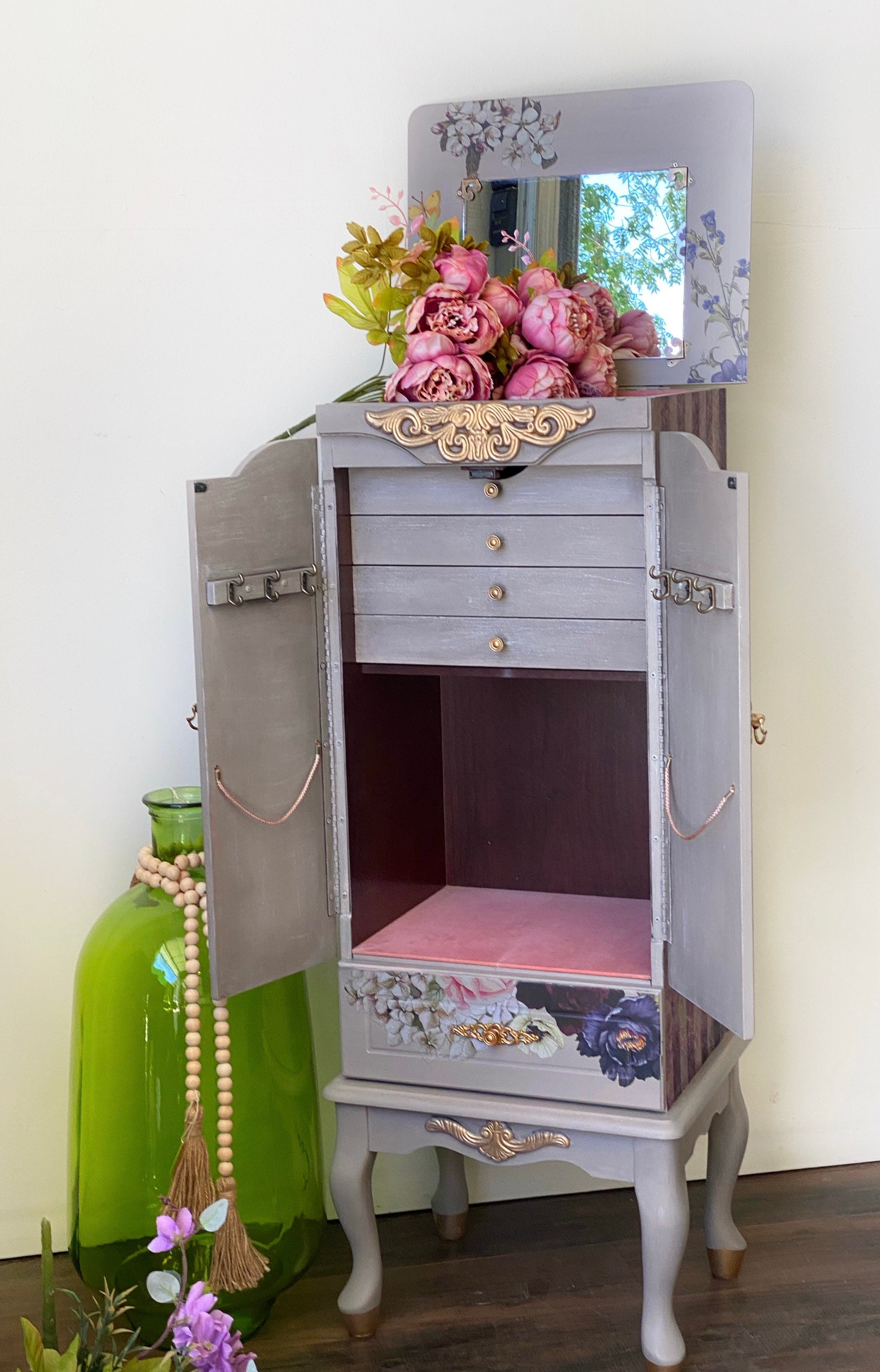 Painted tall jewelry box armoire standing necklace storage cabinet handmade boudoir unique gift for her romantic furniture Etsy