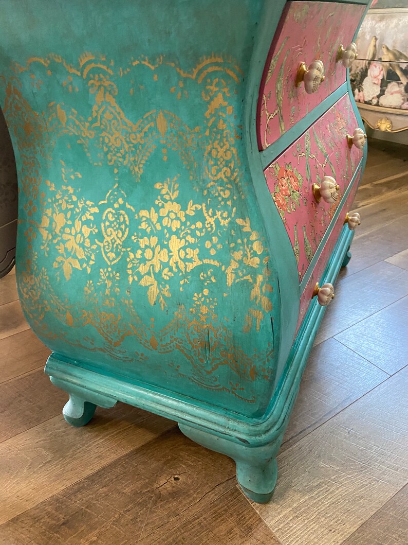 Turquoise and Pink Bombe Dresser, Bedroom Furniture, Boho Chic ...