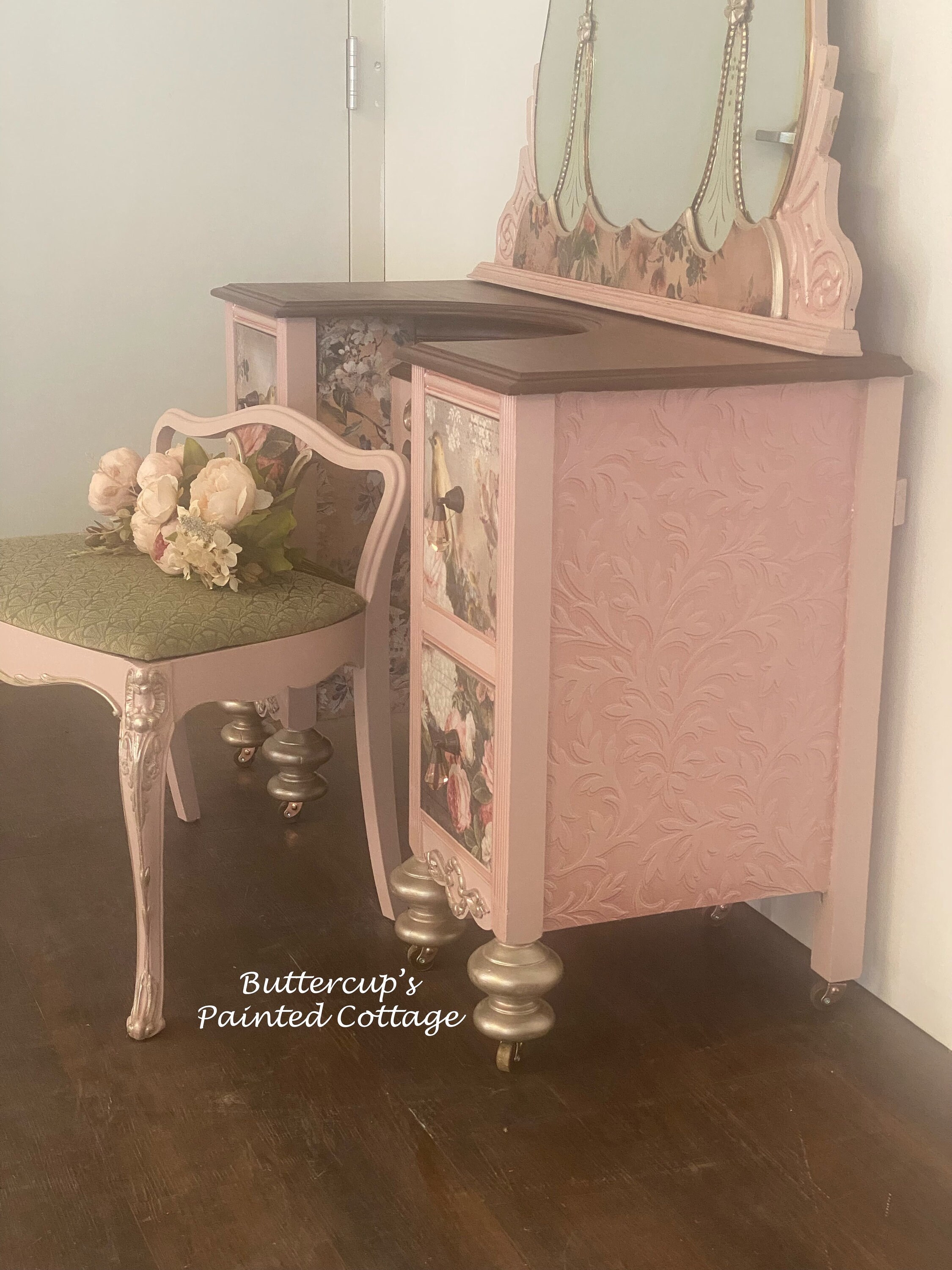 Painted Pink Vanity, Mirror and Bench, Antique Victorian Vanity ...