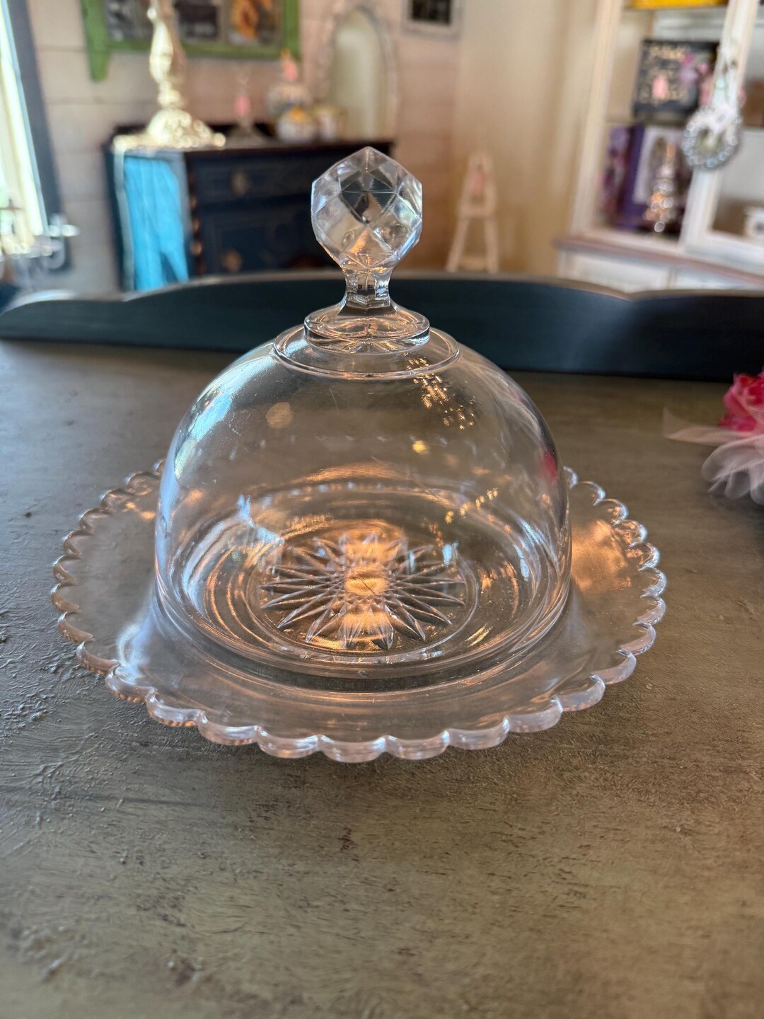 Clear Glass Domed Lidded Plate, Round Trinket Dish With Scalloped Edge ...