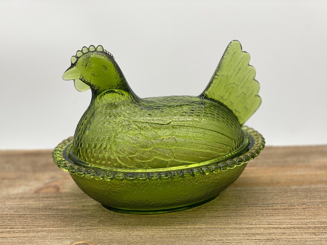 Chicken on Basket, Vintage Green Glass Chicken on Nesting Basket ...