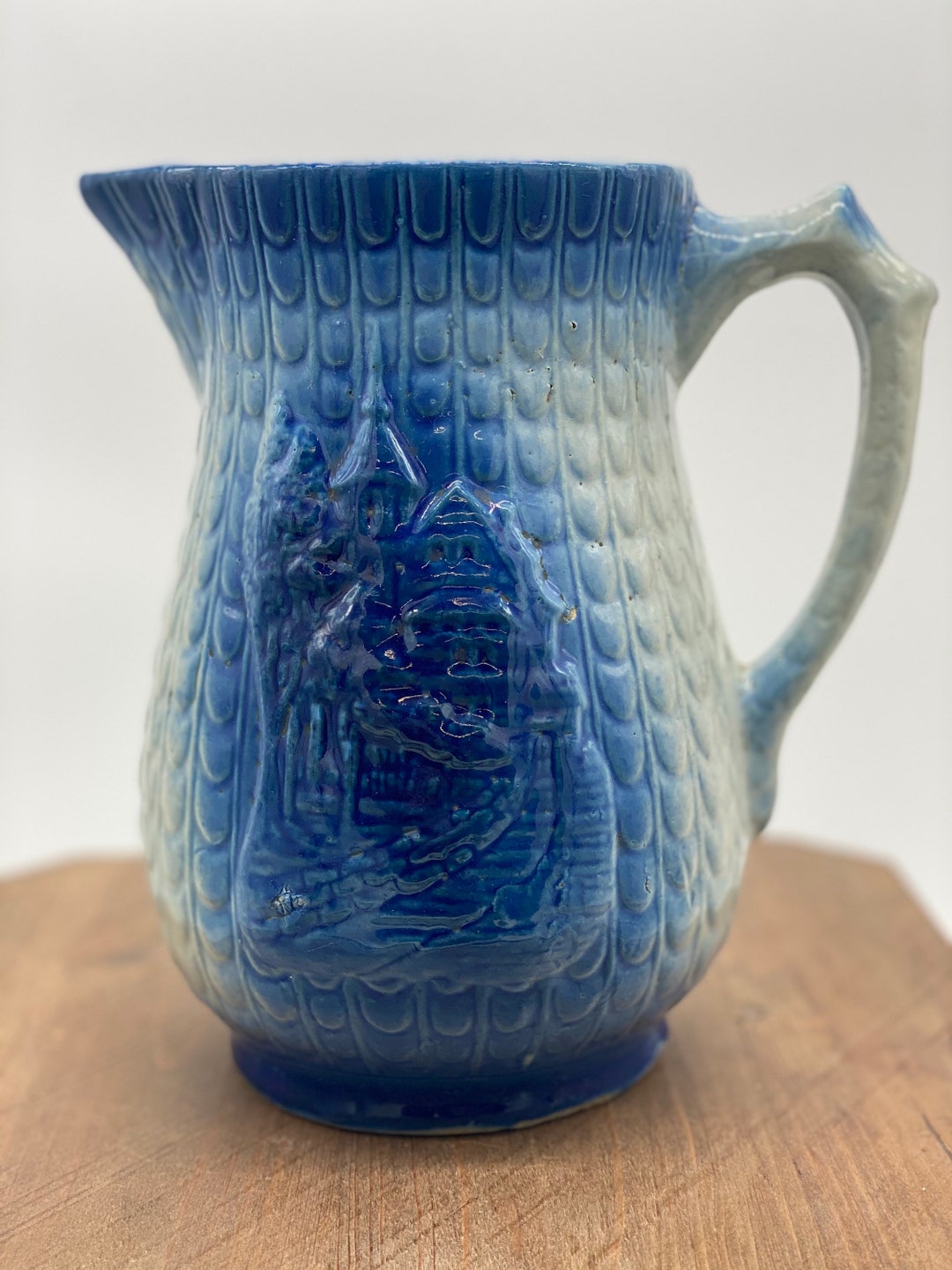 Salt Glazed Pitcher, Old Blue Pitcher With Raised Design of Houses ...