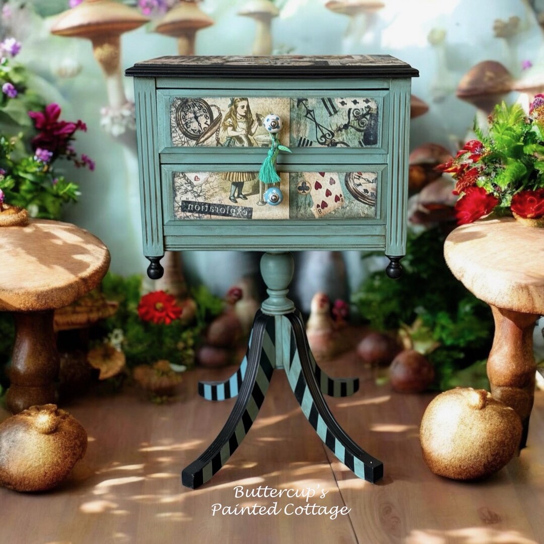 Upcycled Antique End Table for Games, Puzzles, Alice in Wonderland, Tea ...