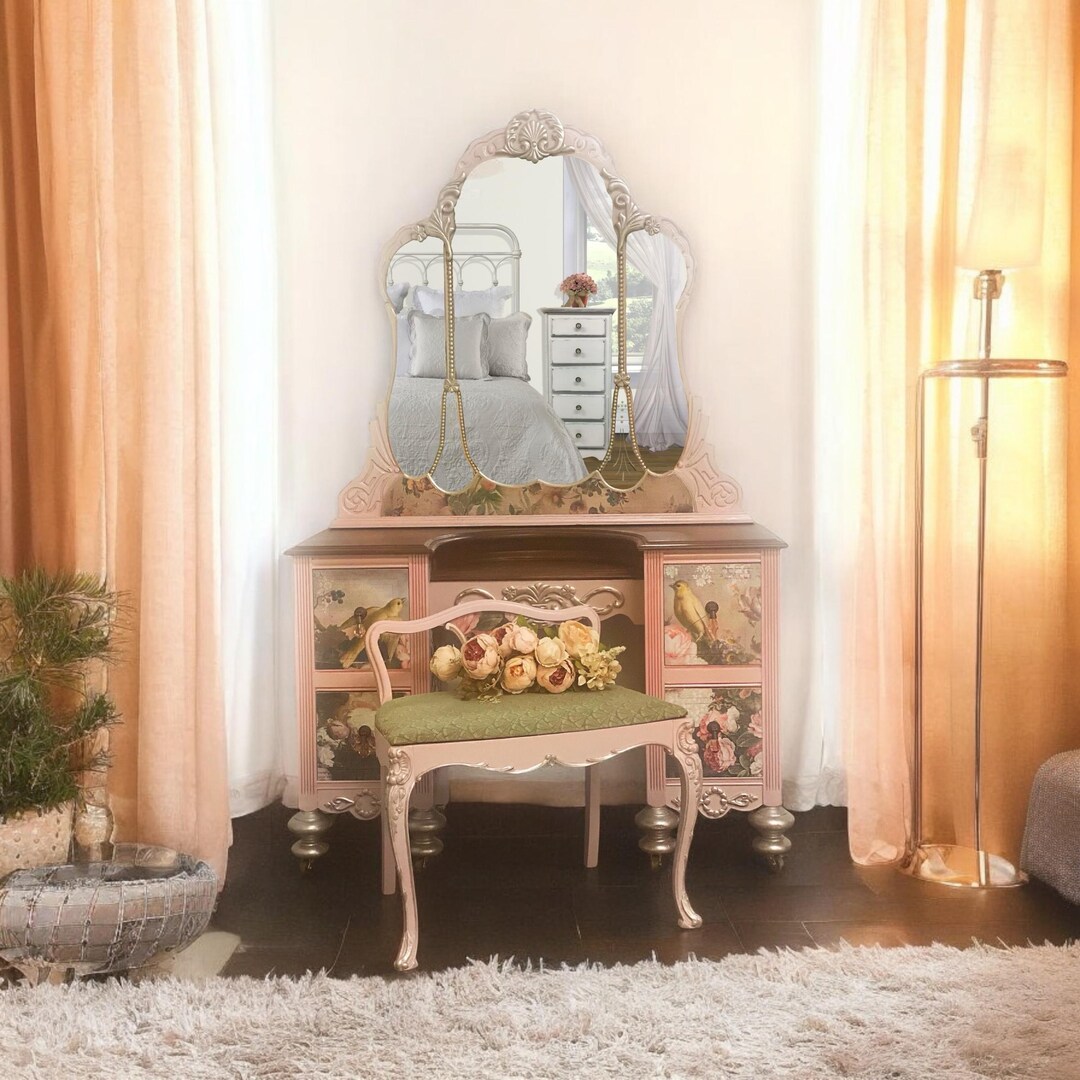 Painted Pink Vanity, Mirror and Bench, Antique Victorian Vanity ...