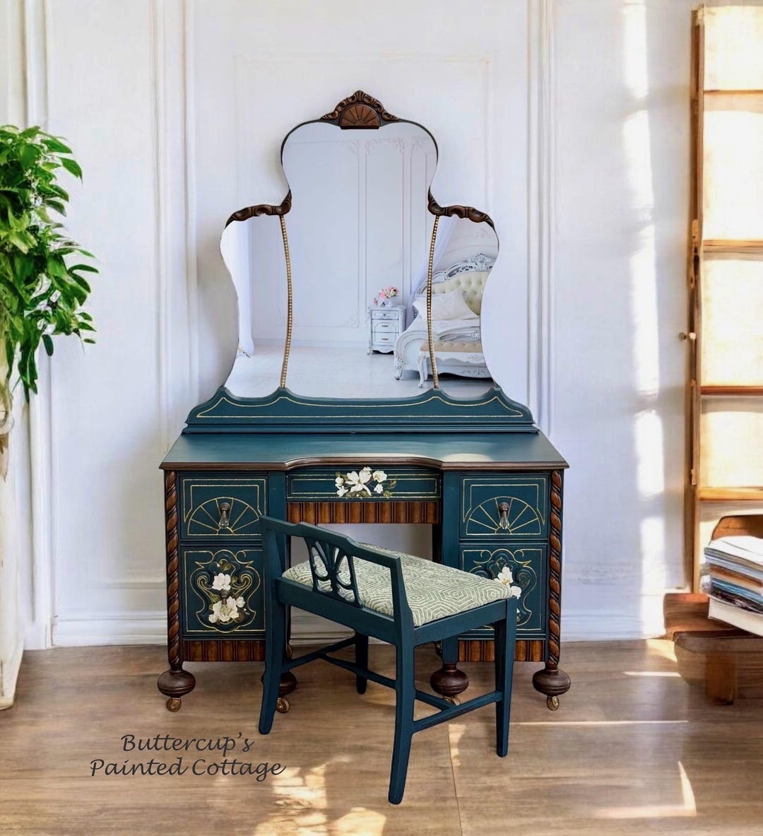 Painted and Embellished Blue Vanity, Mirror and Bench, Antique ...