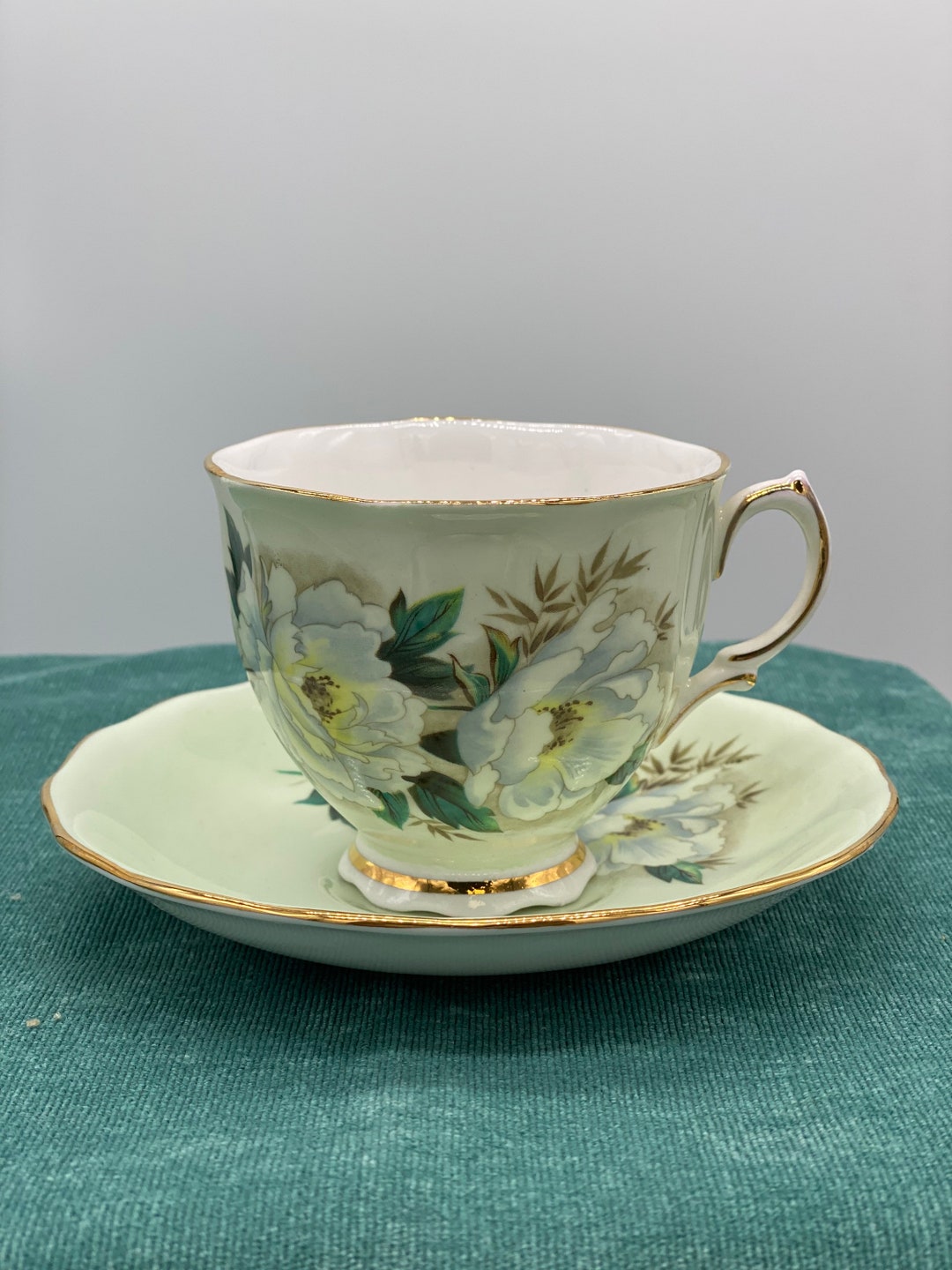 Colclough Bone China Teacup and Saucer: Green Floral Design, Gold Trim ...