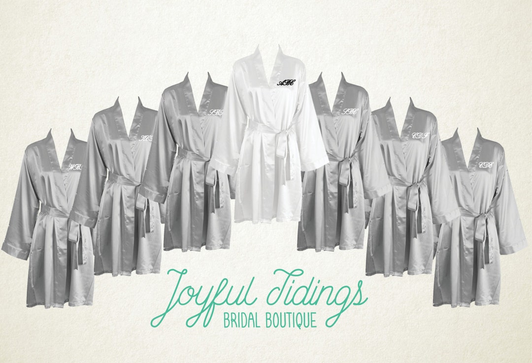 SALE Set of 7 Personalized Gray Silver Satin Kimono Robe, Bridesmaids ...