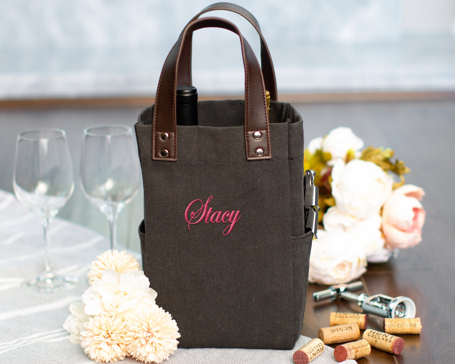 Personalized 2 Bottle Wine Tote Bag, Double Bottle Wine Carrier ...