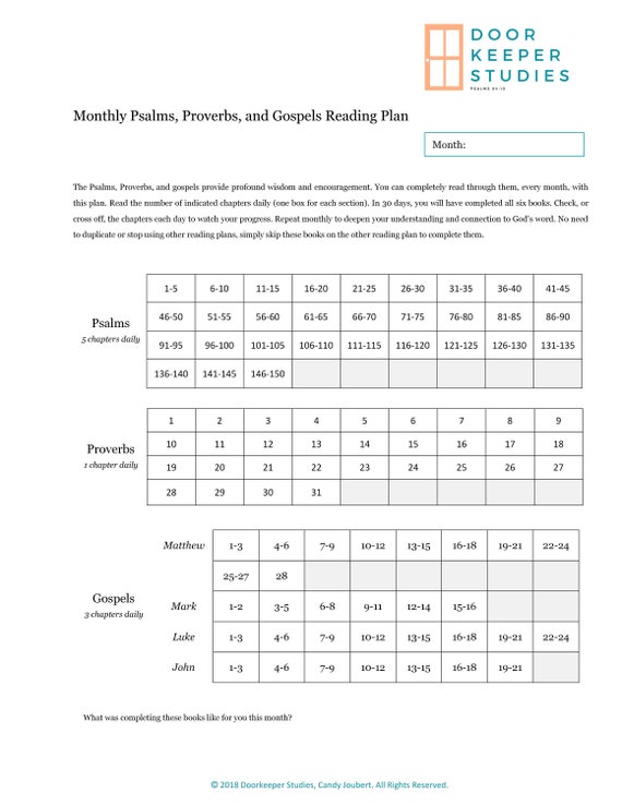 Bible Reading Plan: Monthly Completion of Psalms Proverbs | Etsy