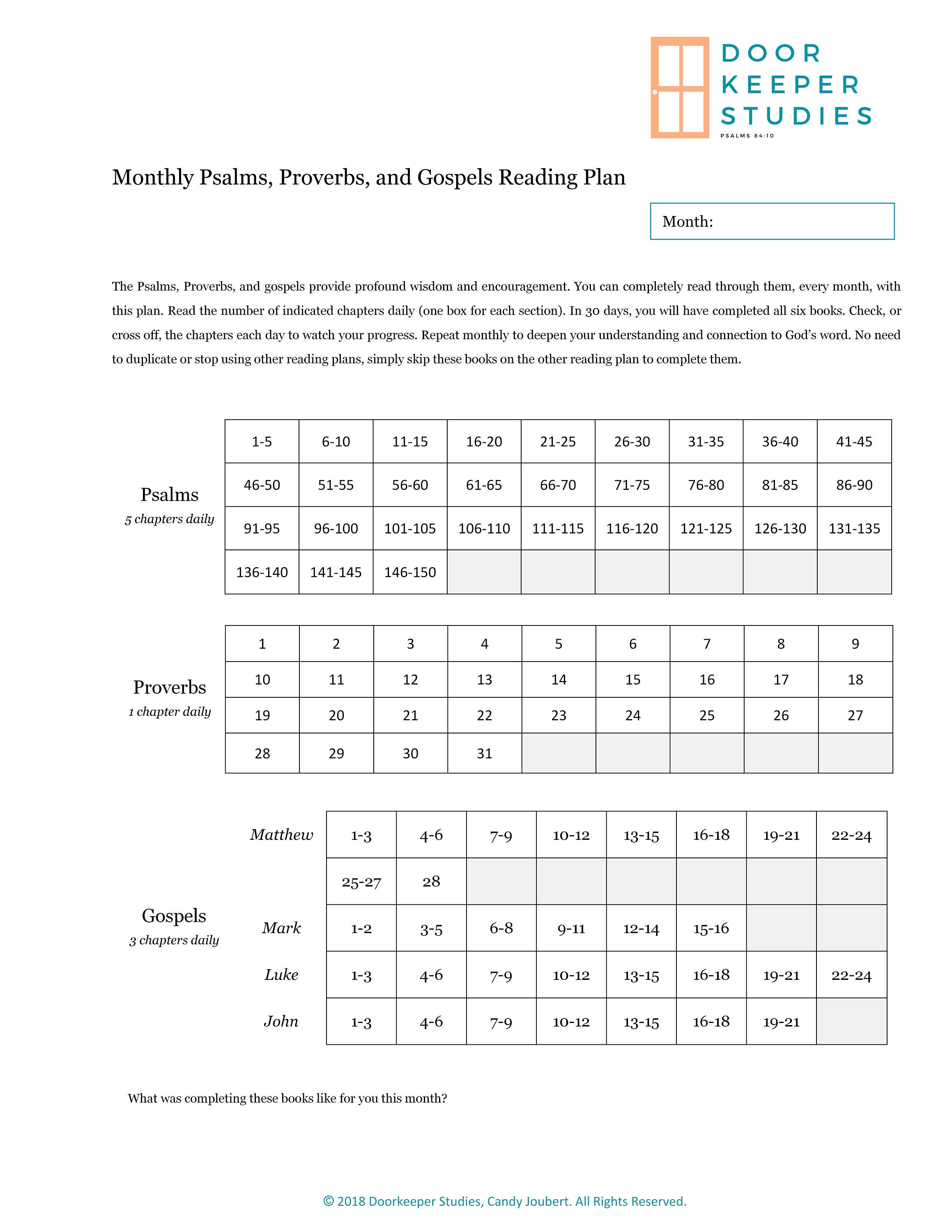 Bible Reading Plan: Monthly Completion of Psalms, Proverbs, and the ...