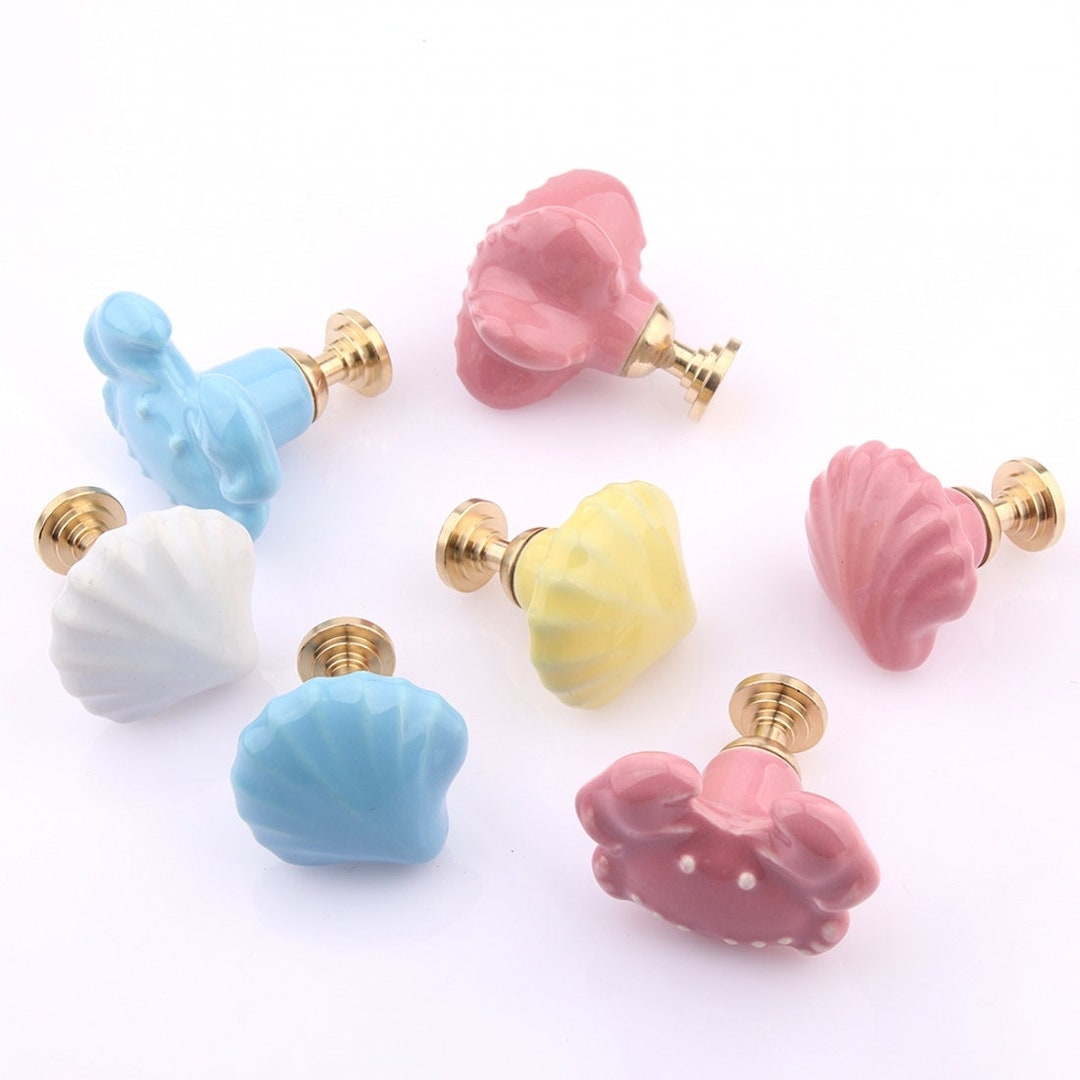 Ceramic Shell Knobs Pulls Pink Drawer Door Knob Pulls Handles Starfish Dresser Knob Crab ...