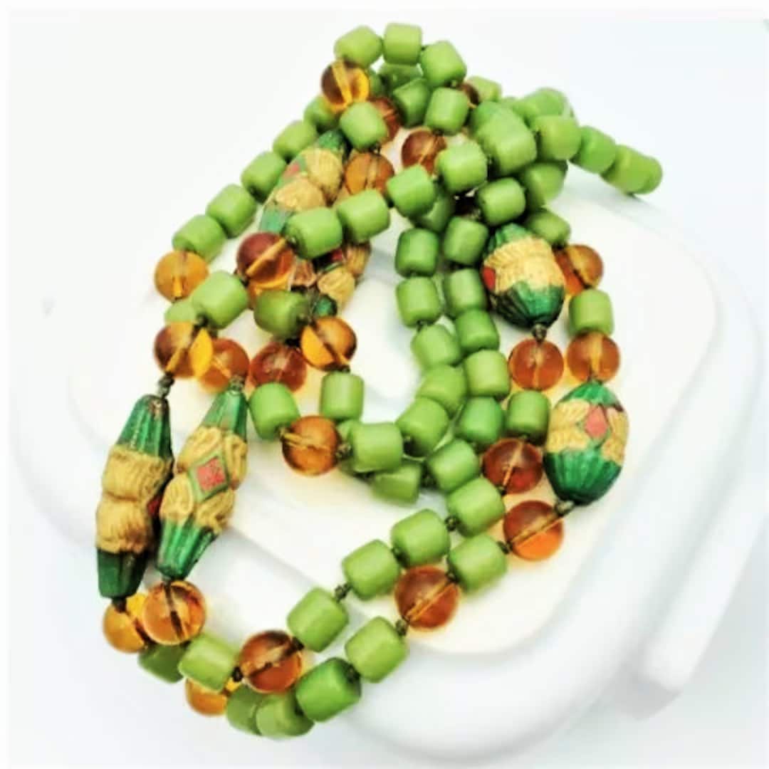 1930s Art Deco Flapper Necklace Vintage Green Early Plastic Long ...
