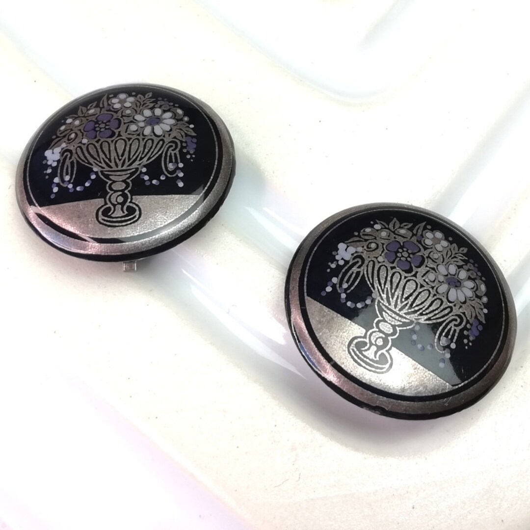 Vintage Black Enamel Clip on Earrings: Floral Michaela Frey Style ...